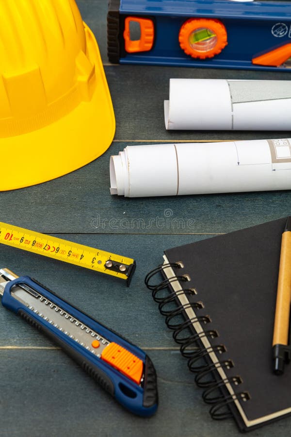 Construction Project Blueprint and Engineering Tool on Architect Desk ...