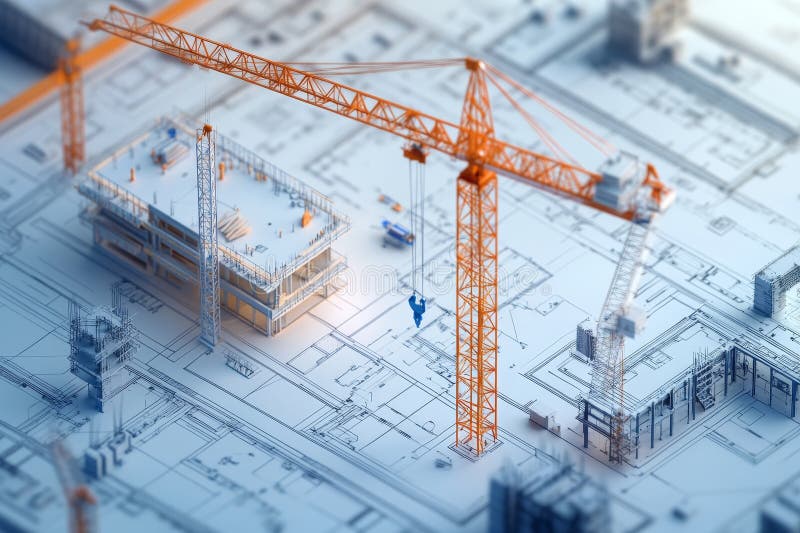 Construction Project Blueprint with Engineering Tools and Tower Cranes ...
