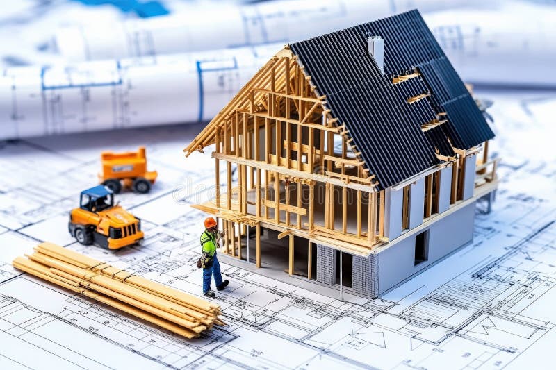 Construction Project Blueprint and Miniature House Stock Illustration ...