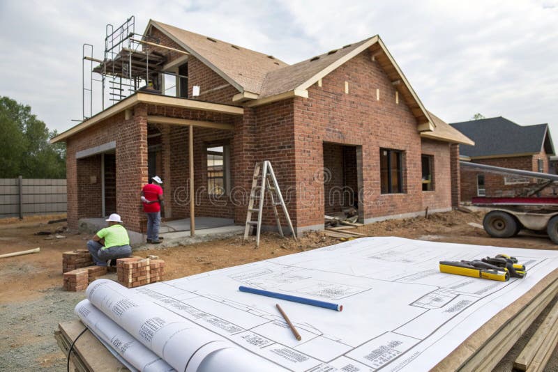 Construction Project with Brick and Blueprints Stock Illustration ...