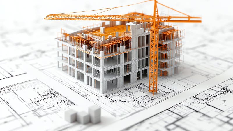 Construction Project Building Model Crane Blueprint Drawings Stock ...