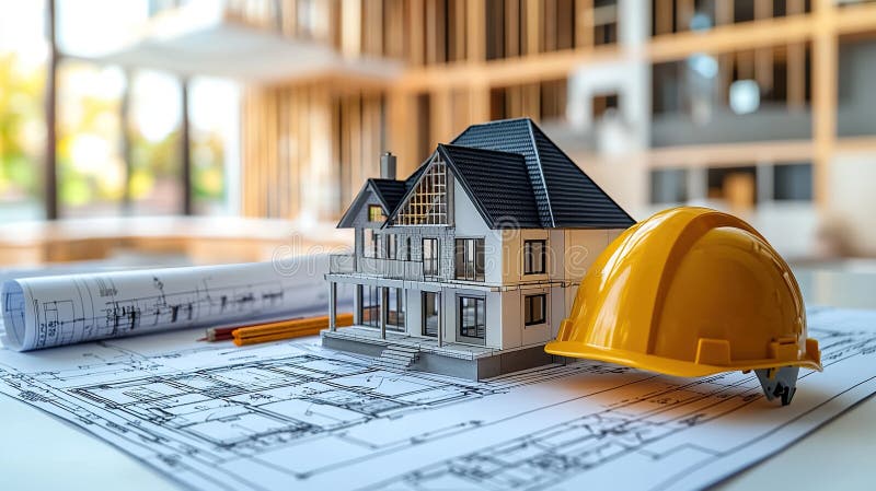 Construction Project Display with Architectural Plans and Model Home at ...