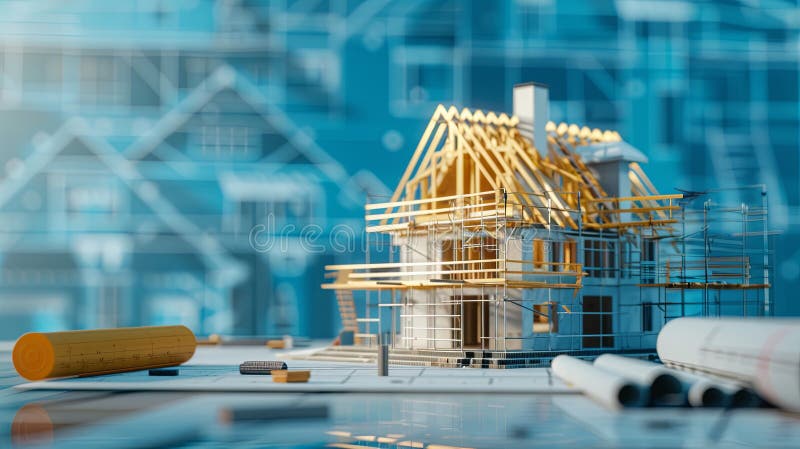 Construction Project, House Under Construction on Blueprint, Blue ...