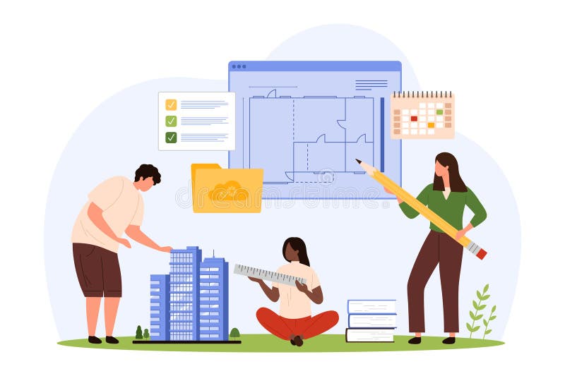 Construction Project Management, City Architecture Planning by Tiny People with Pencil Stock ...