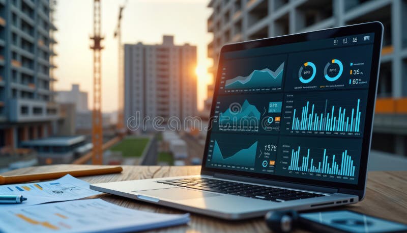 Construction Project with Real-time Cost Tracking. Laptop Displays ...