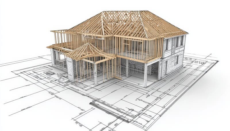 Visual Progression of Home Construction from Plans To Structured Framework Stock Photo - Image ...