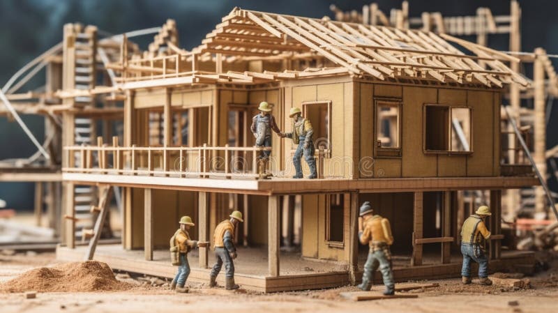 Construction Project Underway As Workers Build a House from Blueprints ...