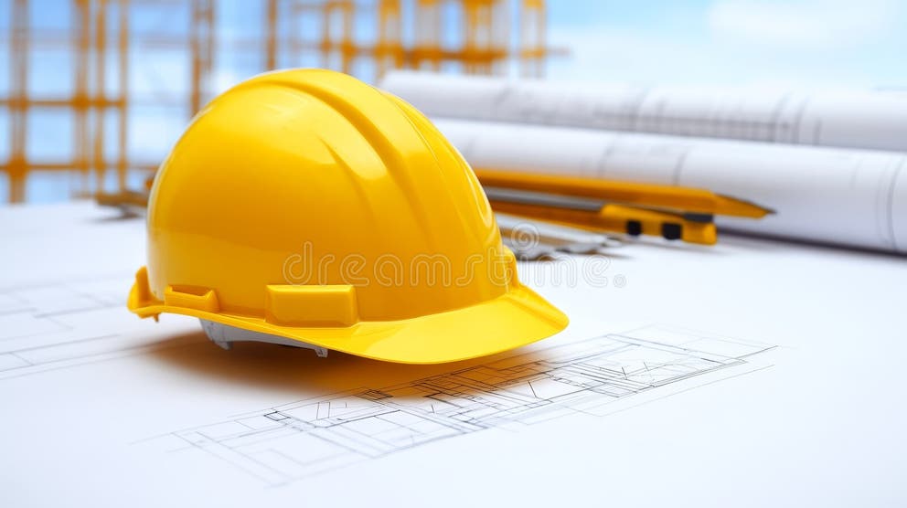 Construction Project Visualization Hard Hat and Blueprint on Detailed Plan Stock Illustration ...
