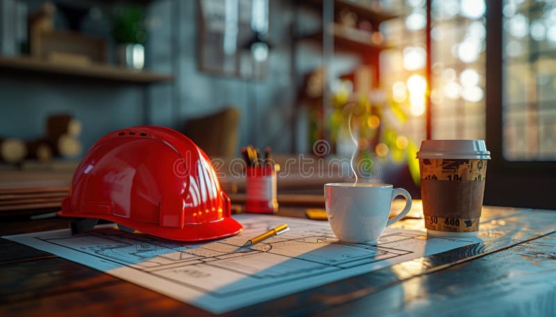 Construction Red Helmet on Table with Engineering Drawings: a Symbol of ...