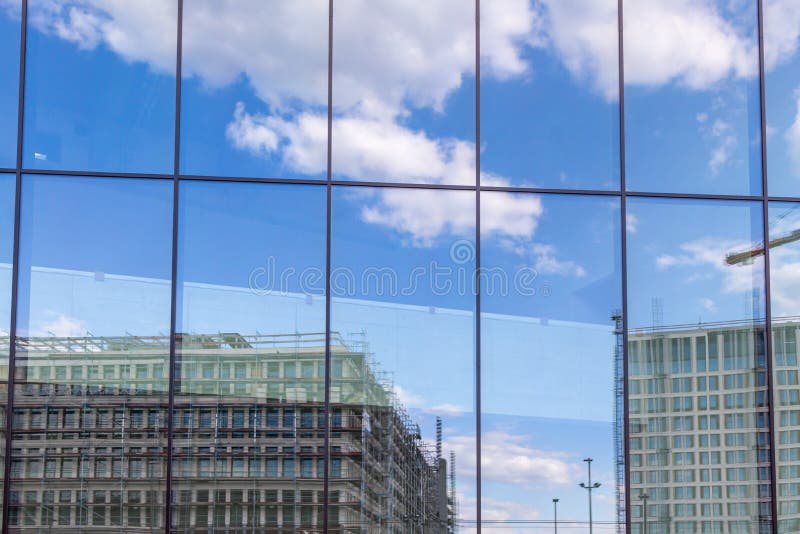 Construction Reflection on Glass Facade Stock Image - Image of glass ...
