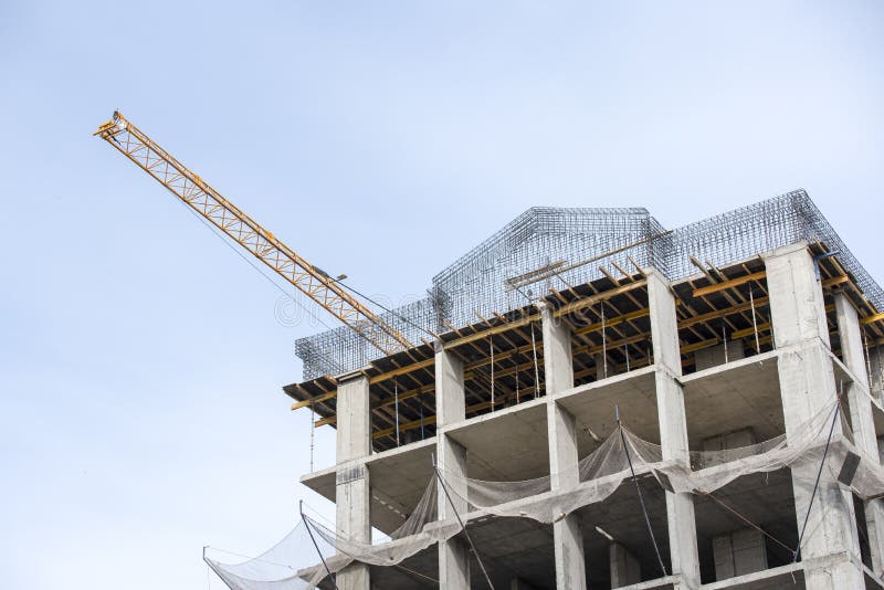 Construction of Reinforced Concrete Building and Crane Stock Image ...