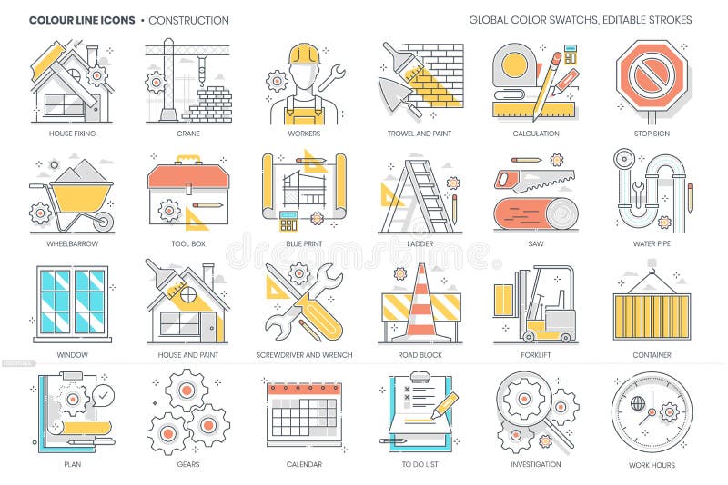 Construction Related, Color Line, Vector Icon, Illustration Set Stock ...