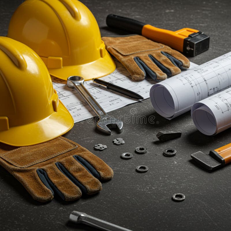 Construction-related Items on a Dark Surface. Two Yellow Hard Hats and ...