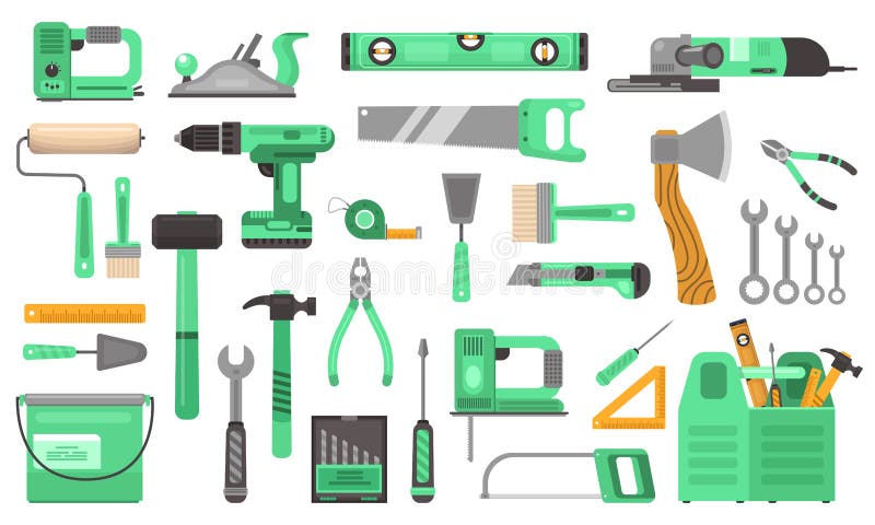 Construction Repair Tools Set. Branded Elite Toolkit Drill Green Drill ...
