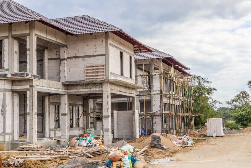 Construction Residential New House In Progress At Building Site Stock ...