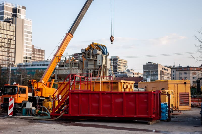 Construction Works Yellow Crane and Red Container Editorial Photo ...