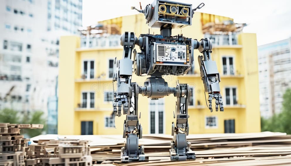 Construction Robot at Building Site with Yellow Crane Stock Photo ...