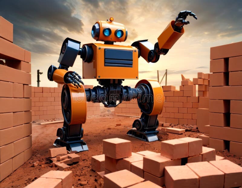 Construction Robot Stacking Bricks at Sunset Stock Image - Image of ...