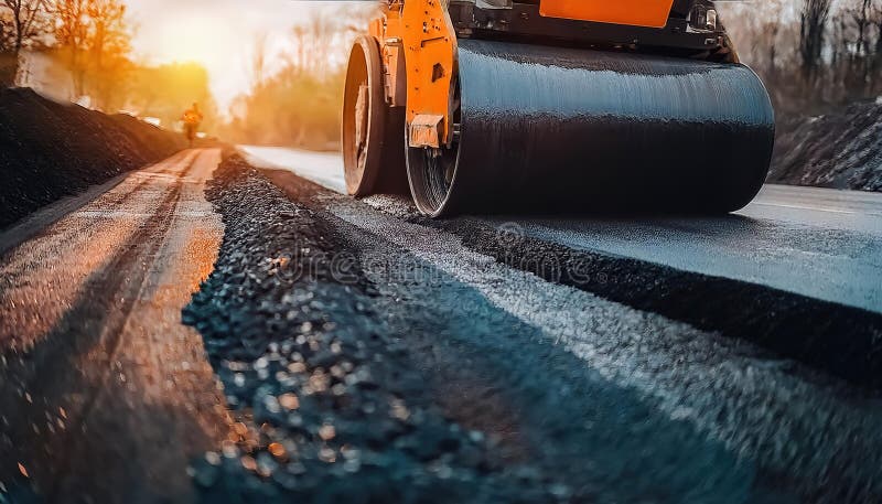 A Construction Roller Machine Paving a New Road at Sunset Stock Photo ...