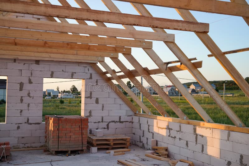 Construction Roof of a Country Private Brick House Stock Photo - Image ...