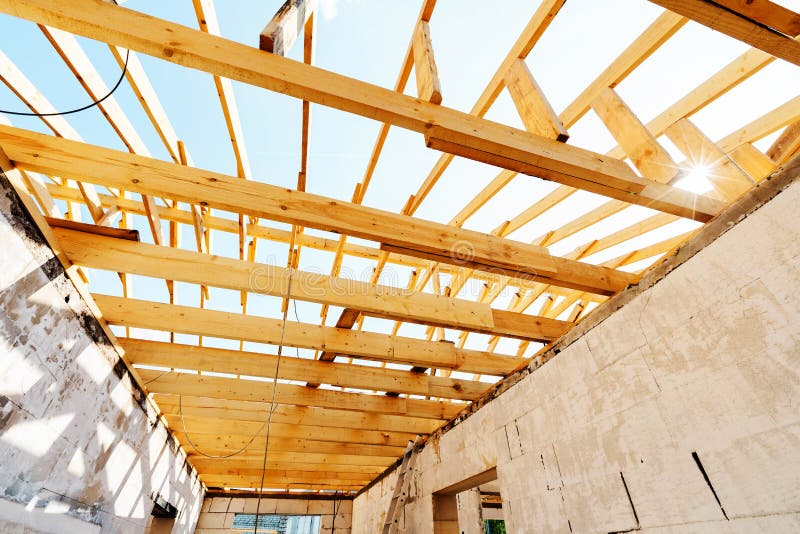 Construction of the Roof Frame of a Small House. the Wooden Structure ...