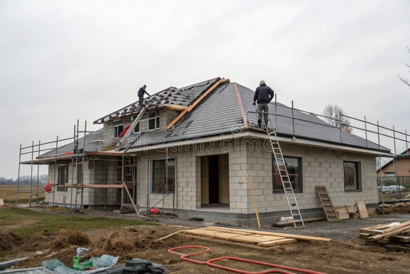 Construction and Roofing in Progress for New House Stock Illustration ...