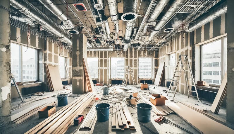 Construction Room with Exposed Ceiling Ducts and Scattered Materials ...