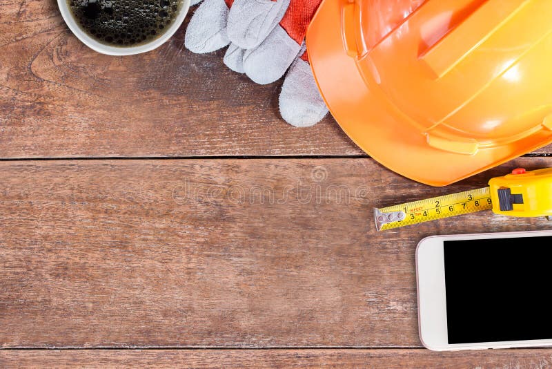 Construction Safety Equipment and Blank Notebook or Notepad on Wooden ...