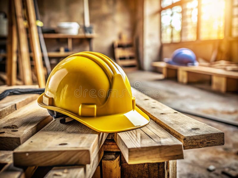Construction Safety Gear a Bright Yellow Safety Helmet Rests Securely ...
