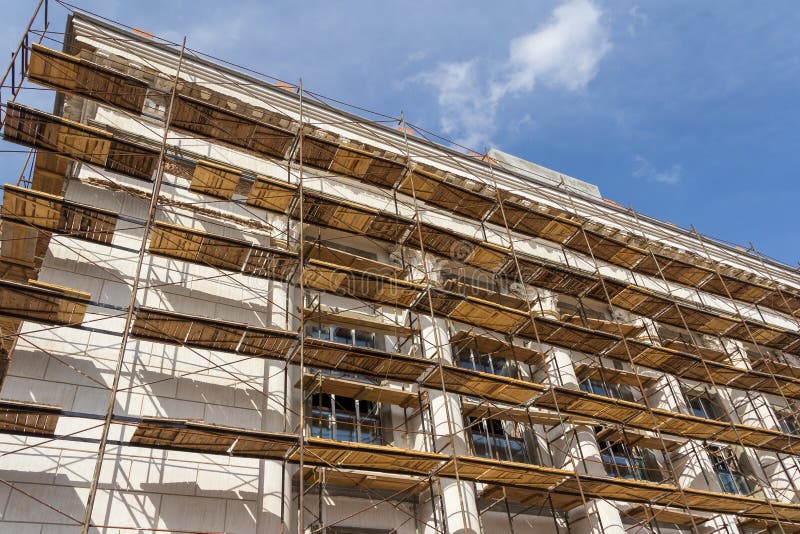 Construction Scaffolding on the Front of the Building. Equipment for ...