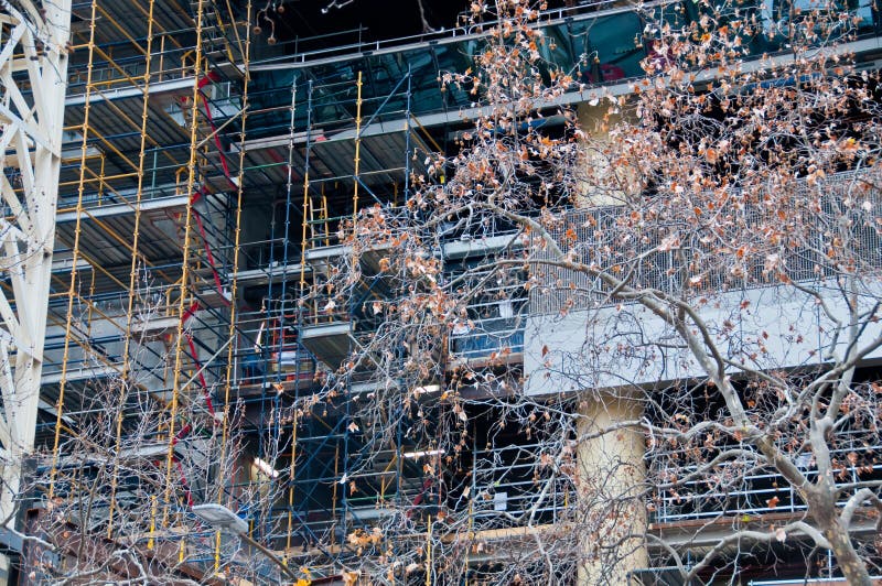 Construction Scaffolding of High-rise Building and Dried Leaves Stock ...