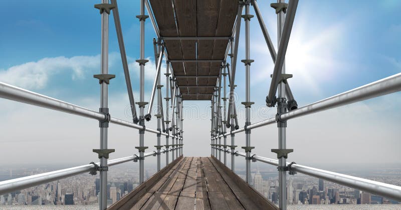 Construction Scaffolding Over a Cityscape Against Clouds in the Blue ...