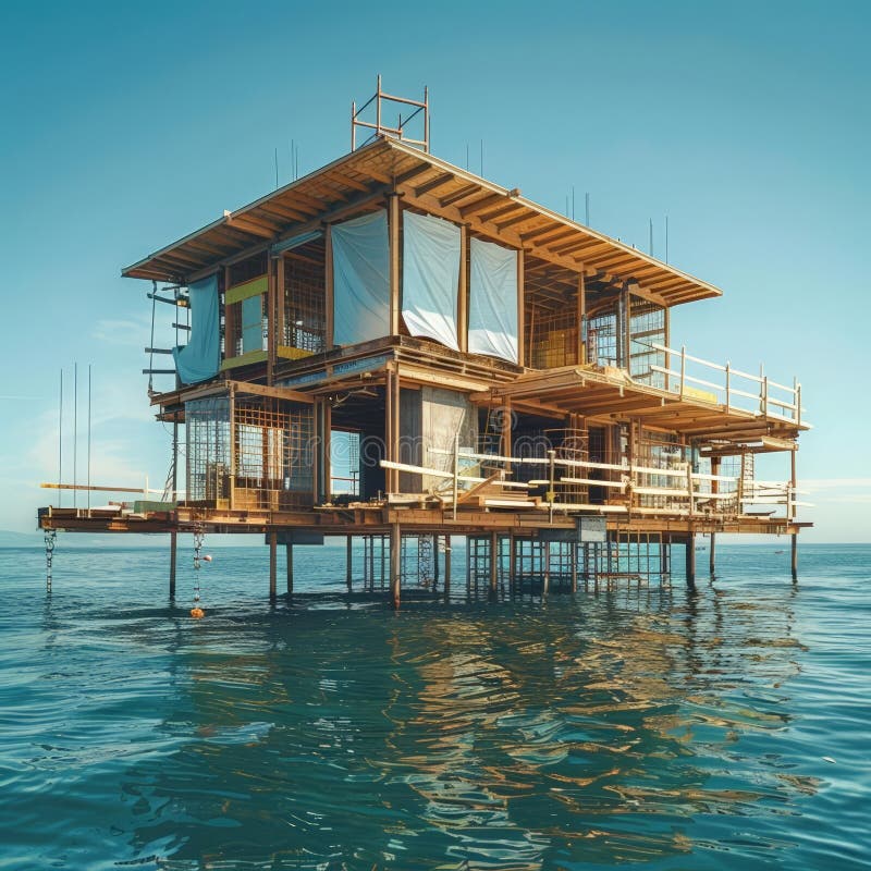 A Construction Scene of a Floating House on the Sea, Showing the ...