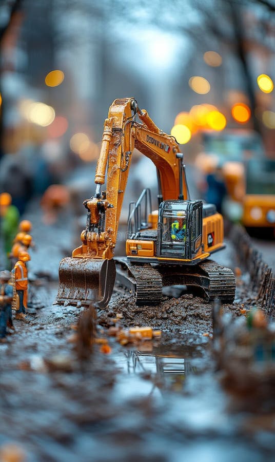 Construction Scene with Miniature Excavator and Workers on a Muddy ...