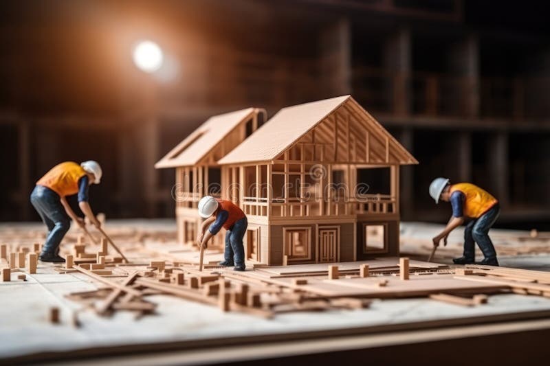 Construction Scene: Miniature Workers Build Architectural Model ...