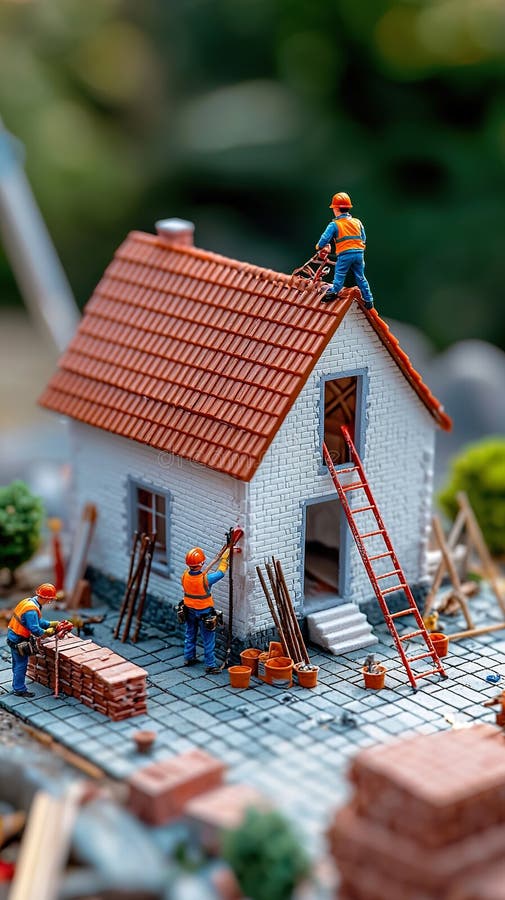 Construction Scene of a One-story House. Small Construction Workers ...