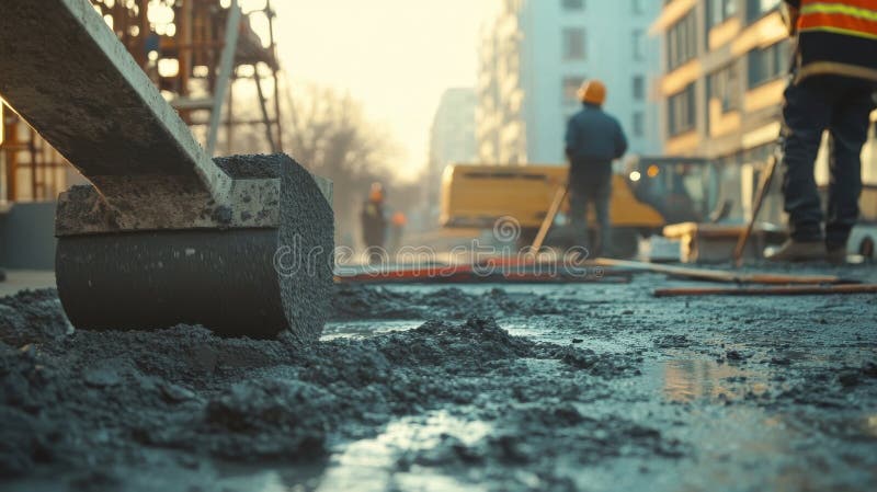 Construction Scene with Workers and Machinery on a Site, Focusing on ...