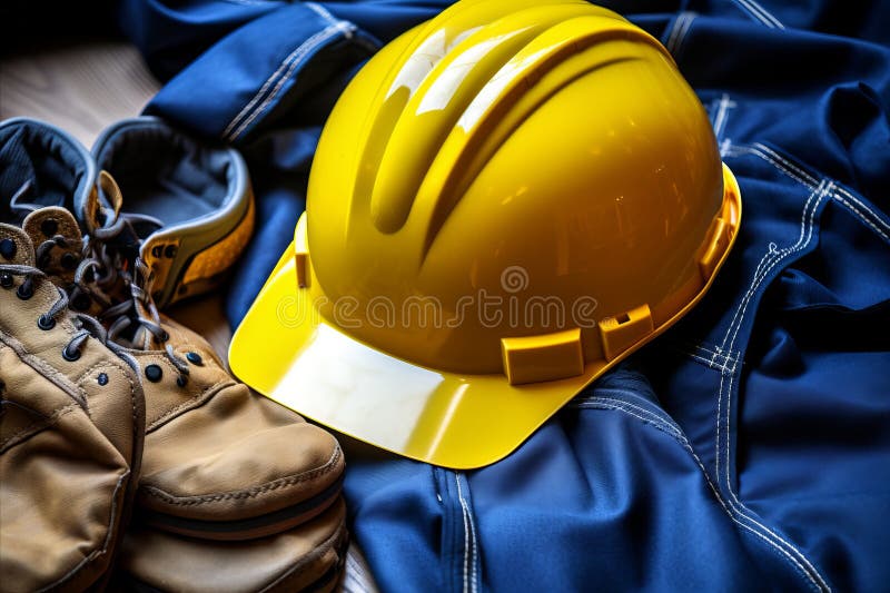 Construction Scheme. Top-down View of Yellow Blue Helmet and Tools ...
