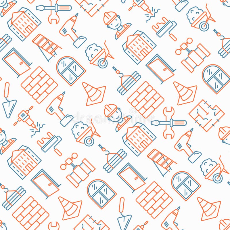 Construction Seamless Pattern with Thin Line Icons: Builder in Helmet ...