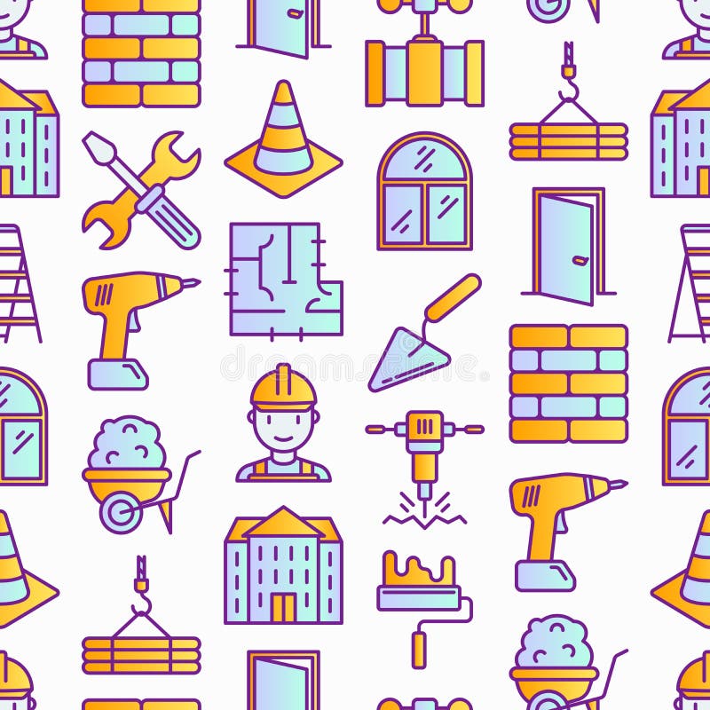 Construction Seamless Pattern with Thin Line Icons: Builder in Helmet ...