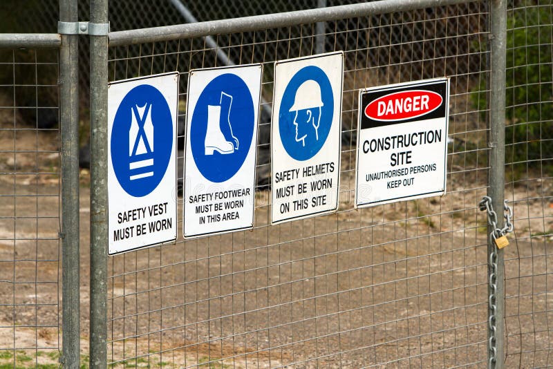 Construction Security Fence with Signs Stock Photo - Image of fence ...