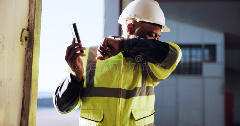 Construction, Sick and Man Cough Outdoor with Phone for Communication ...