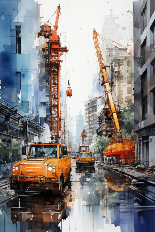 Construction Side at a City in Watercolor Design Stock Illustration ...