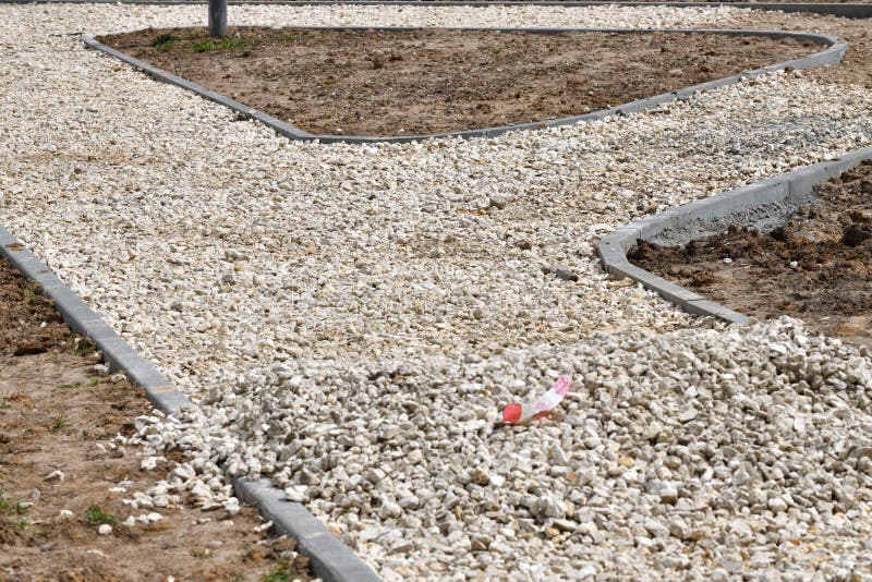 Construction of Sidewalks from Crushed Stone and Curbstone, Russia ...