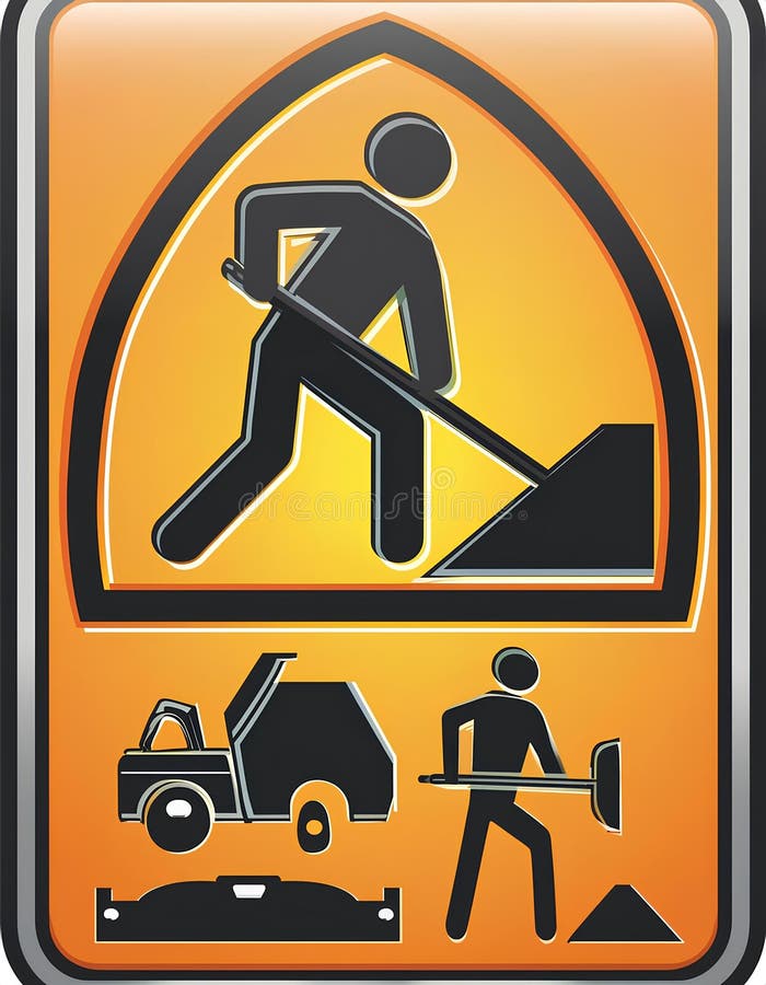 A Construction Sign with a Man Holding a Shovel and a Car in the ...