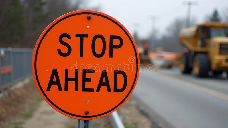 Construction Sign STOP AHEAD on Orange Background Road Work with ...