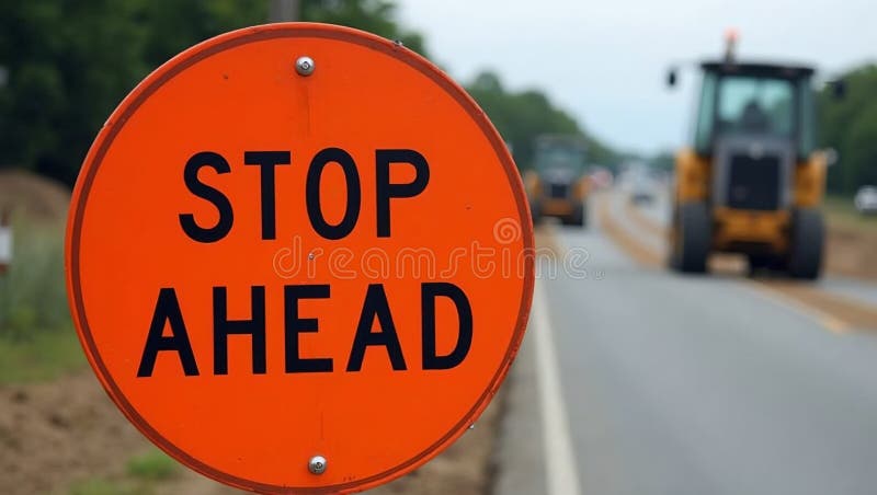 Construction Sign STOP AHEAD on Orange Background Road Work with ...