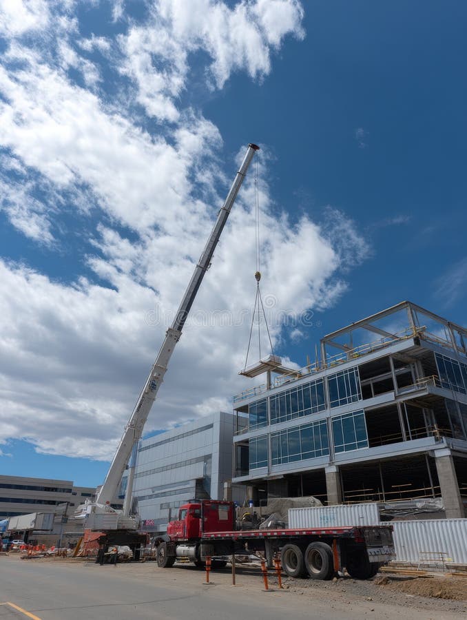 Construction Site Activity with Crane Delivering Building Materials ...