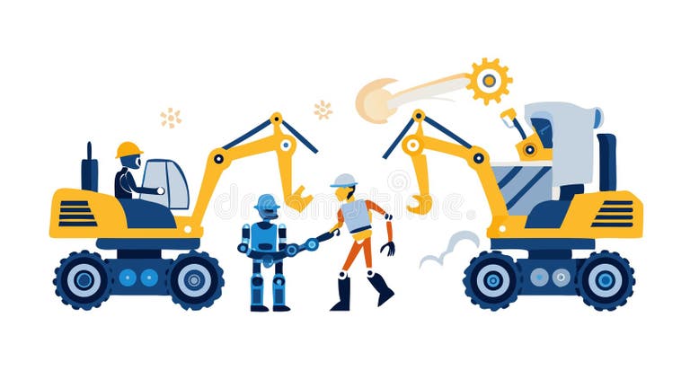 Construction Site Activity, Heavy Machinery and Human Workforce, Vector ...