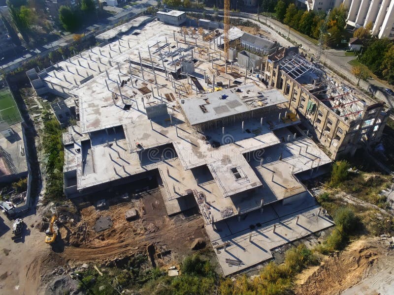 Construction Site Aerial View. Mall Building Base with Solid Concrete ...
